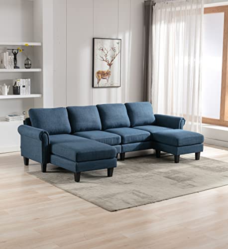 HAUSHECK Modern 4 Seater Sofas, U Shaped Modular Set with Ottomans, Sectional Couches for Living Room, Apartment, 108.66" L x 60.63" W x 32.68" H, Navy