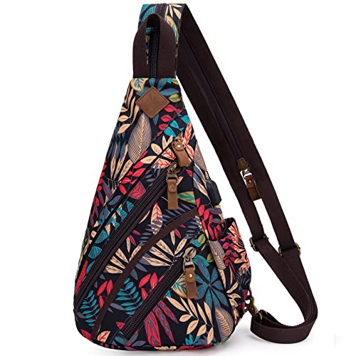DAVIDNILE Canvas Sling Bag Crossbody Backpack Genuine Leather Shoulder Bag Casual Daypacks For Men