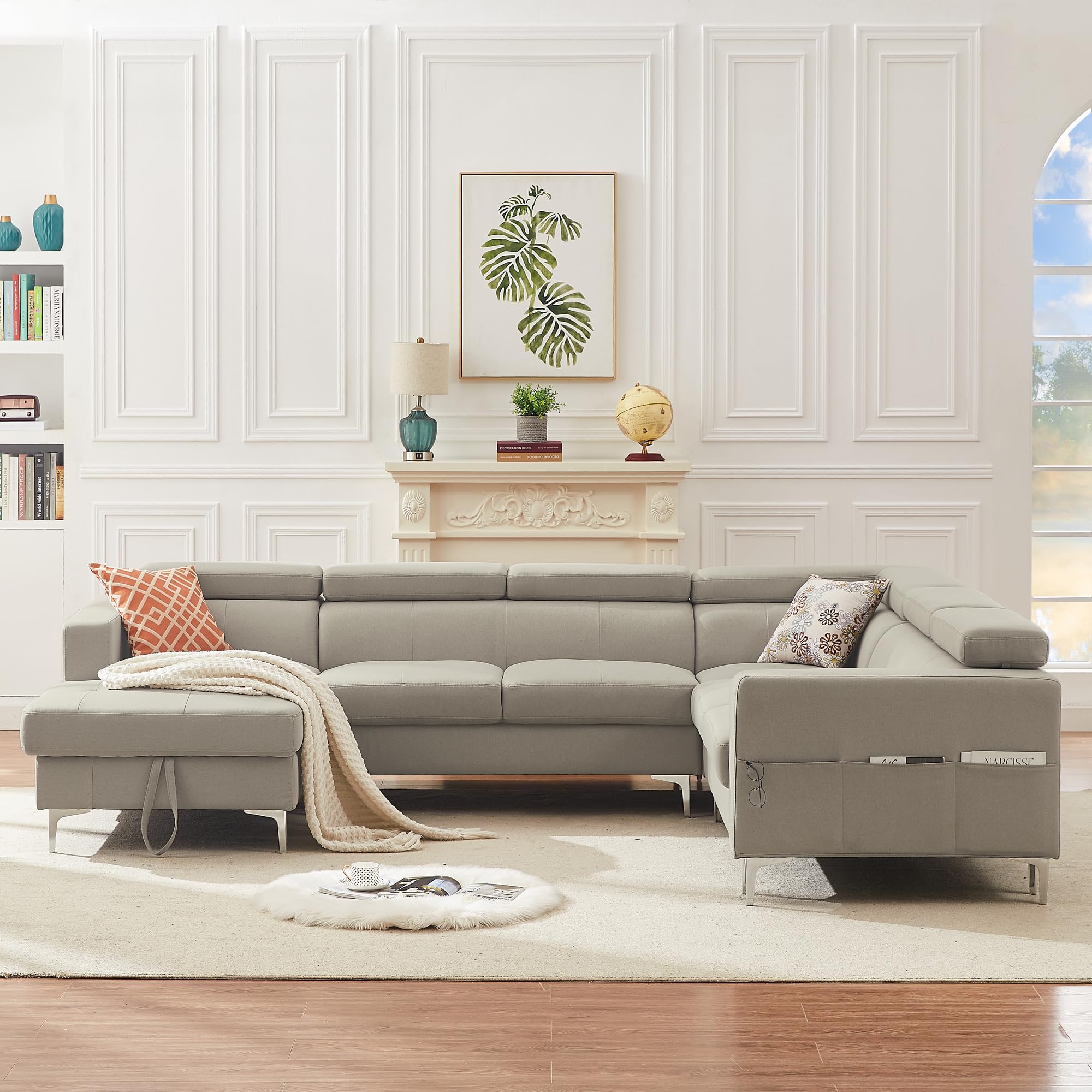 HAUSHECK 3 Piece Sofa U Shape Sectional Couches with Headrests Adjustment, Left Chaise with Storage, Linen Fabric, Living Room Furniture Set, 120" D x 94.5" W x 36.2" H, Smoke