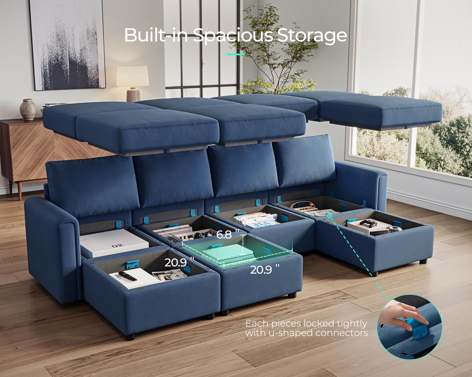 LINSY HOME Modular Sectional Sofa, Convertible U Shaped Sofa Couch with Storage, Memory Foam, Modular Sectionals with Ottomans, 7 Seat Oversized Sofa Couch with Chaise for Living Room, Blue