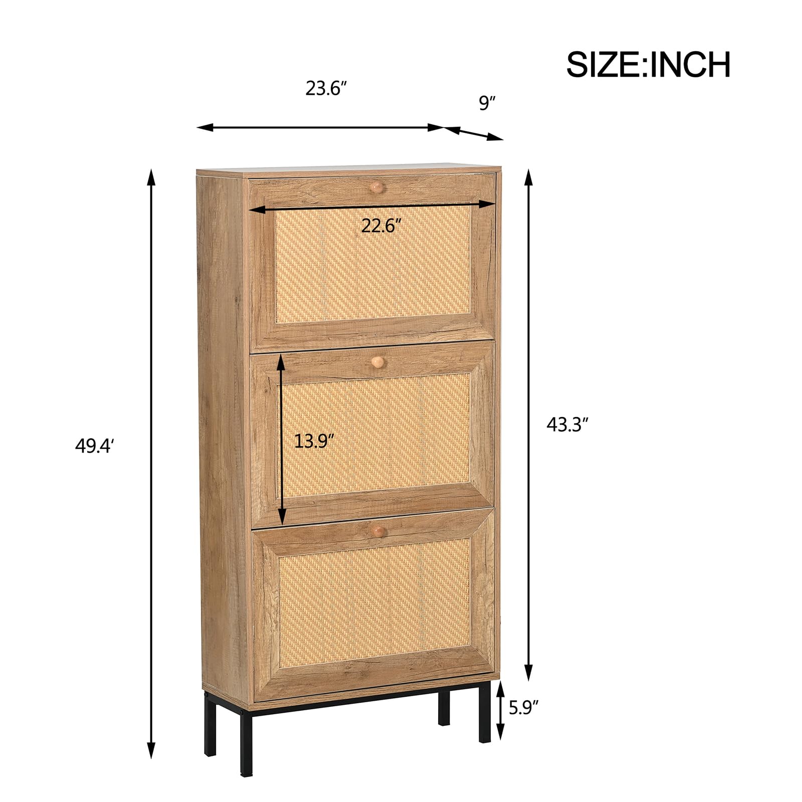 SQLIFE Shoe Storage Cabinet, Rattan Shoe Rack Storage Cabinet with 3 Flip Drawers, Freestanding Shoe Storage Organizer with Metal Legs for Entryway, Hallway, Home