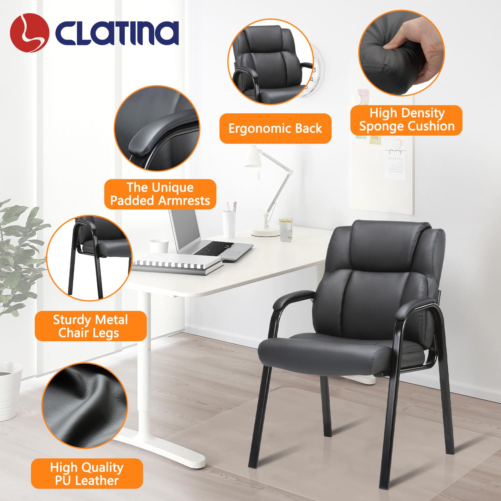 CLATINA Leather Guest Chair with Padded Arm Rest for Reception Meeting Conference and Waiting Room Side Office Home Black 2 Pack