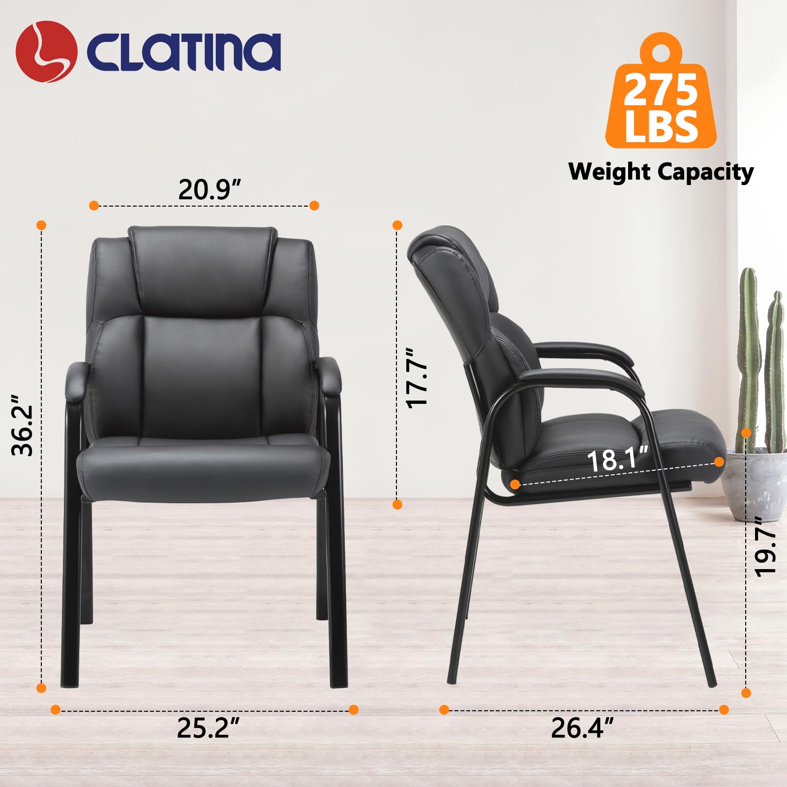 CLATINA Leather Guest Chair with Padded Arm Rest for Reception Meeting Conference and Waiting Room Side Office Home Black 2 Pack