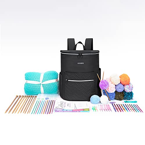 Knitting Bag Backpack Organizer, Leudes Travel Crochet Bag Yarn Storage Tote Bag Yarn Holder Case for Carrying Projects, Knitting Needles, Crochet Hooks and Crochet Accessories (Large, Black)