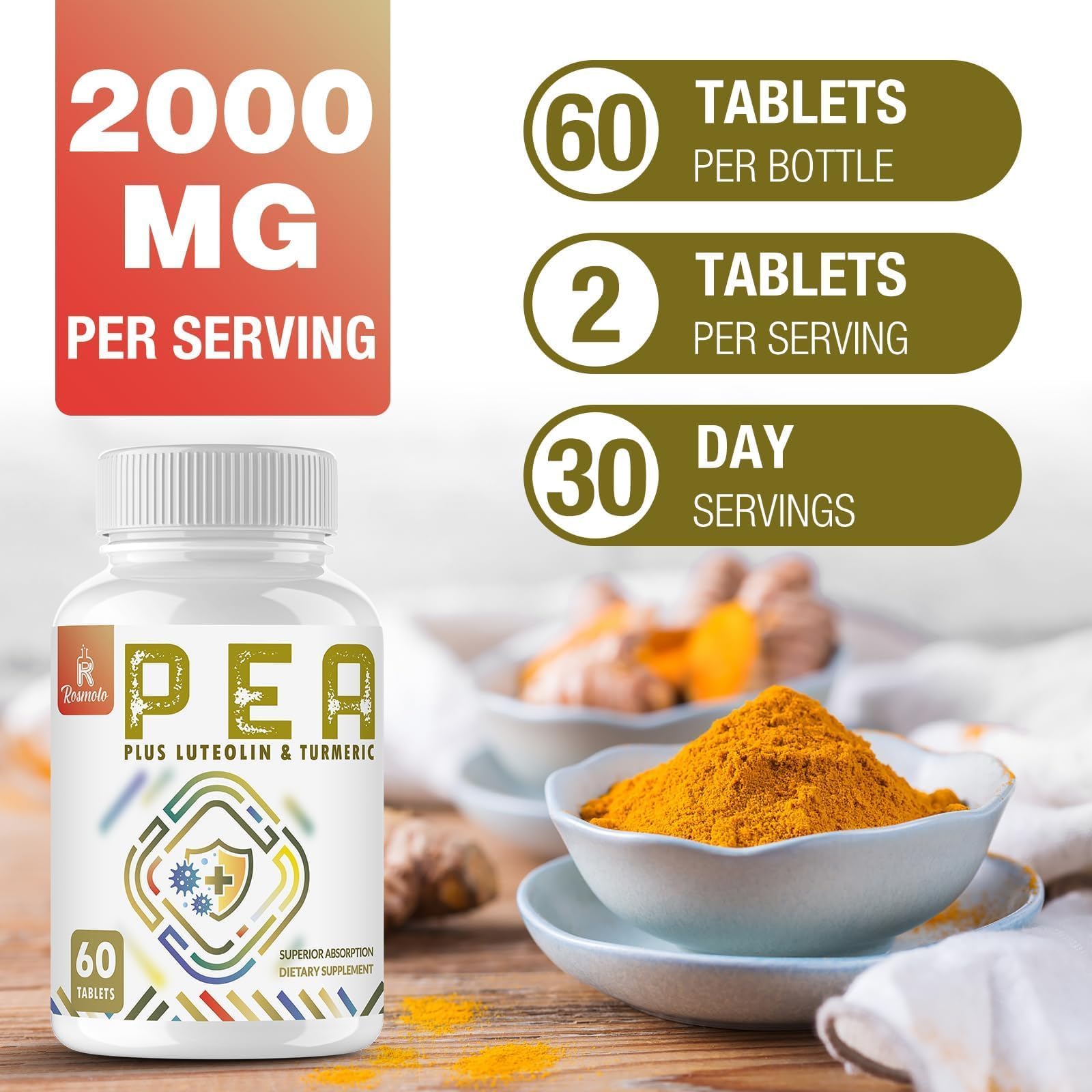 Rosmolo 1500 MG Palmitoylethanolamide with Luteolin 98% & Turmeric, High Absorption, Micronized Pea Supplement for Discomfort Management- USA Made - 60 Tablets