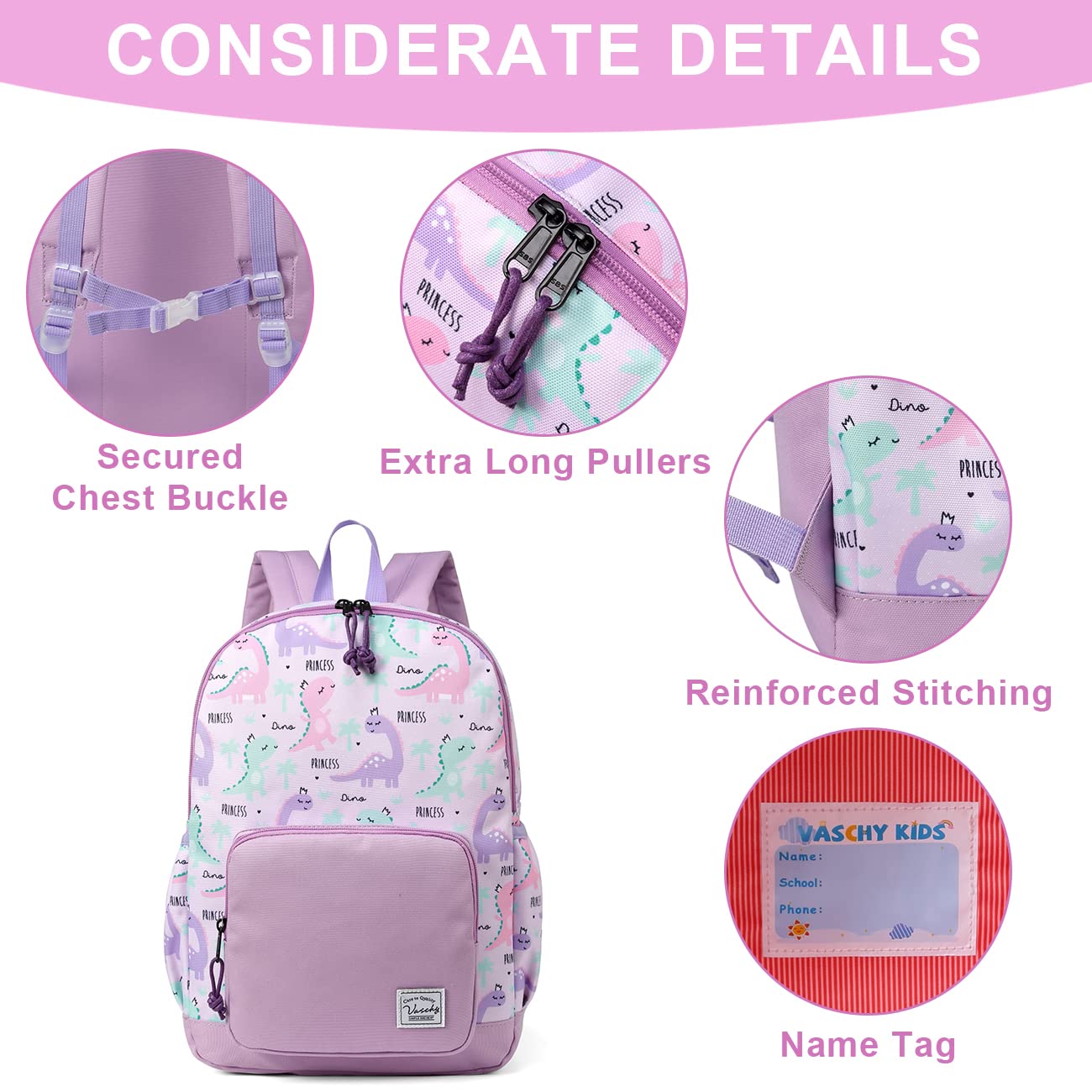 VASCHY Kids backpacks Girls, Cute Lightweight Water Resistant Toddler Kindergarten Preschool Backpack Purple Dinosaurs Purple Dinosaurs