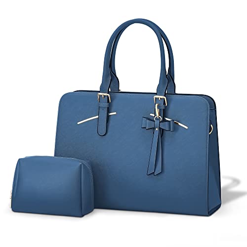 TOPDesign Laptop Bag for Women, Waterproof PU Leather Work Briefcase fits 15.6 Inch Computer, Large Tote Messenger Shoulder Bag, Stylish Business Purse Handbag Satchel (Light Blue)