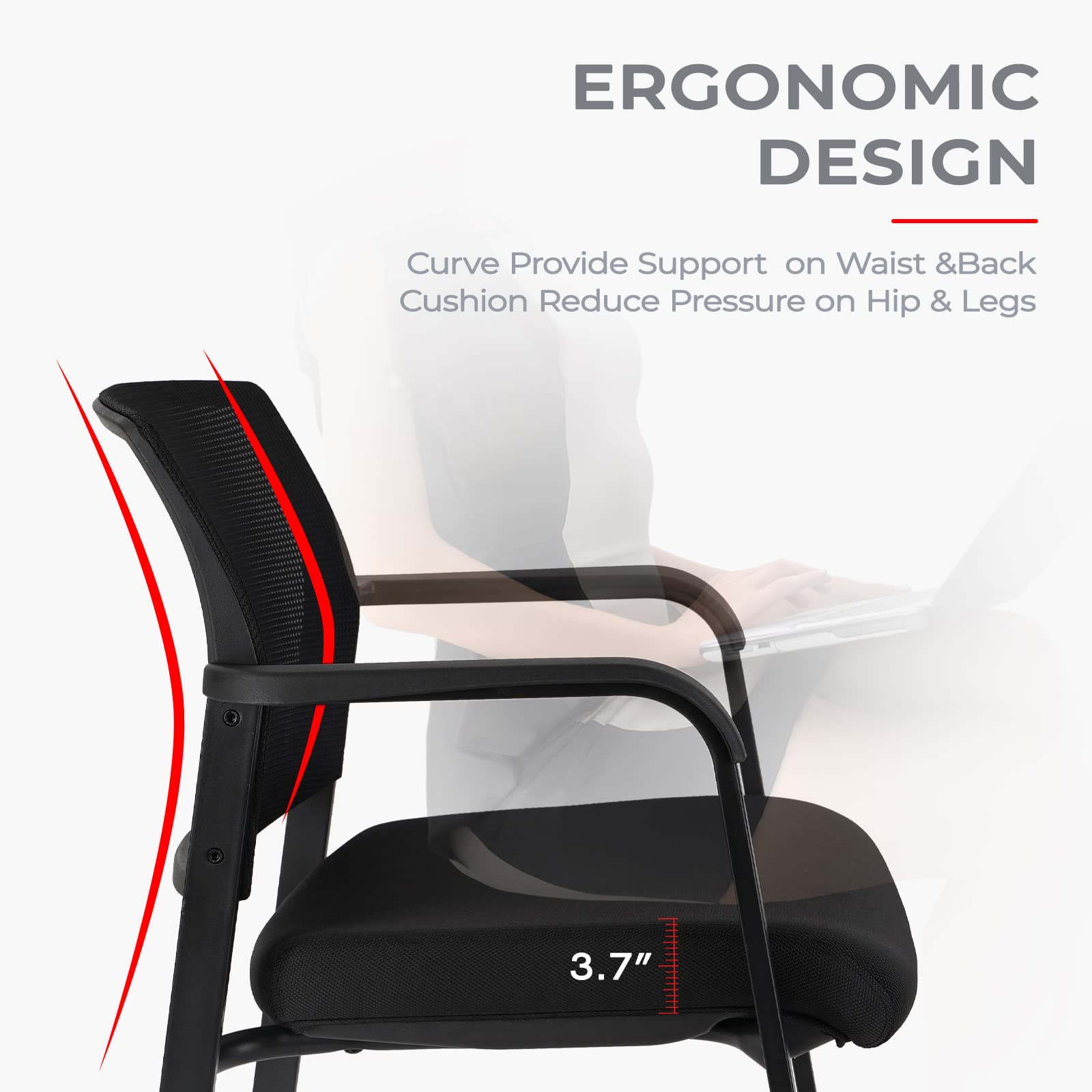 CLATINA Mesh Back Guest Reception Arm Chairs with Wheels, Waiting Room Chairs with Upholstered Fabric Seat and Ergonomic Lumbar Support for Office Conference School Church Black