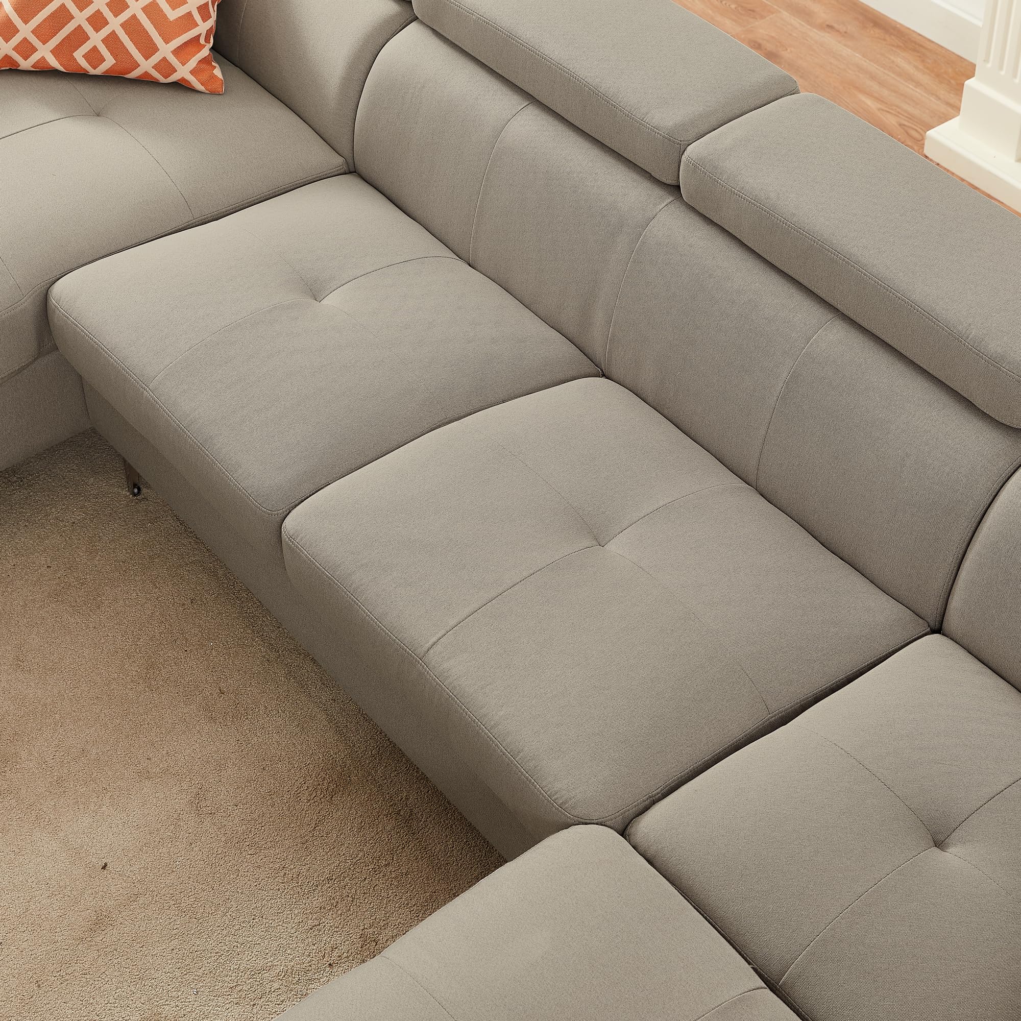 HAUSHECK 3 Piece Sofa U Shape Sectional Couches with Headrests Adjustment, Left Chaise with Storage, Linen Fabric, Living Room Furniture Set, 120" D x 94.5" W x 36.2" H, Smoke