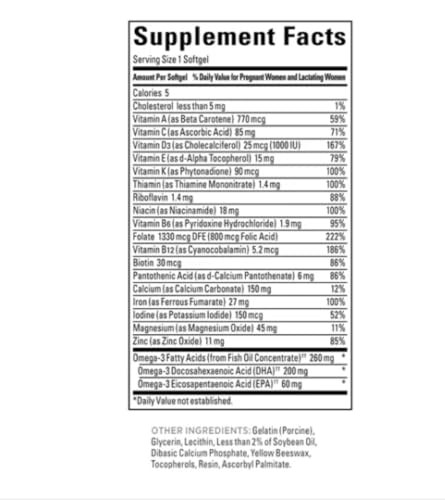Prenatal with Folic Acid + DHA, Prenatal Vitamin and Mineral Supplement for Daily Nutritional Support, 150 Softgels, 150 Day Supply Plus Bonus 2 Sugar-Free White Peach Hydration Stick
