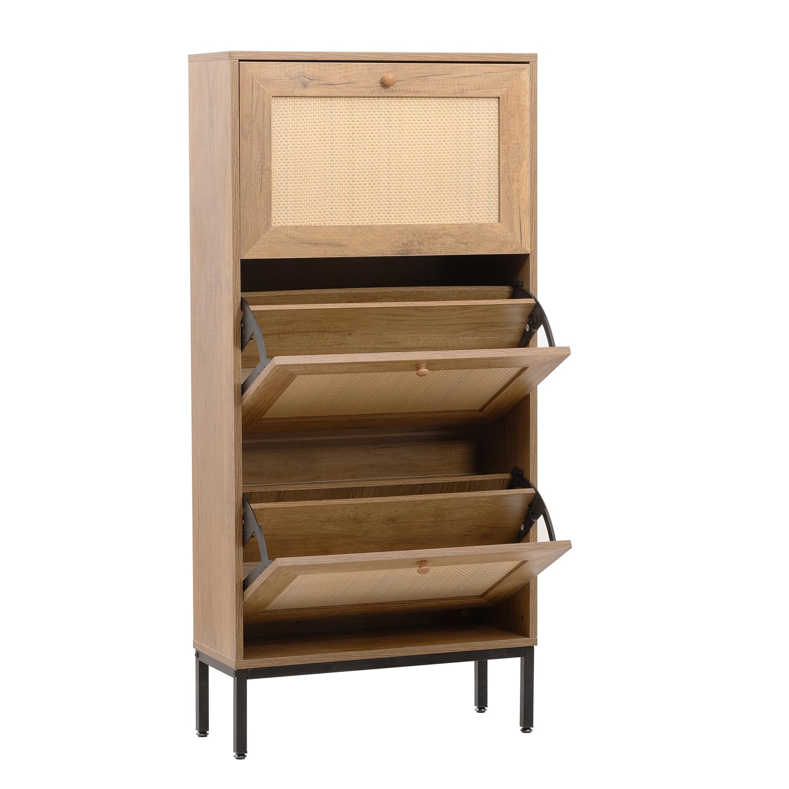 SQLIFE Shoe Storage Cabinet, Rattan Shoe Rack Storage Cabinet with 3 Flip Drawers, Freestanding Shoe Storage Organizer with Metal Legs for Entryway, Hallway, Home