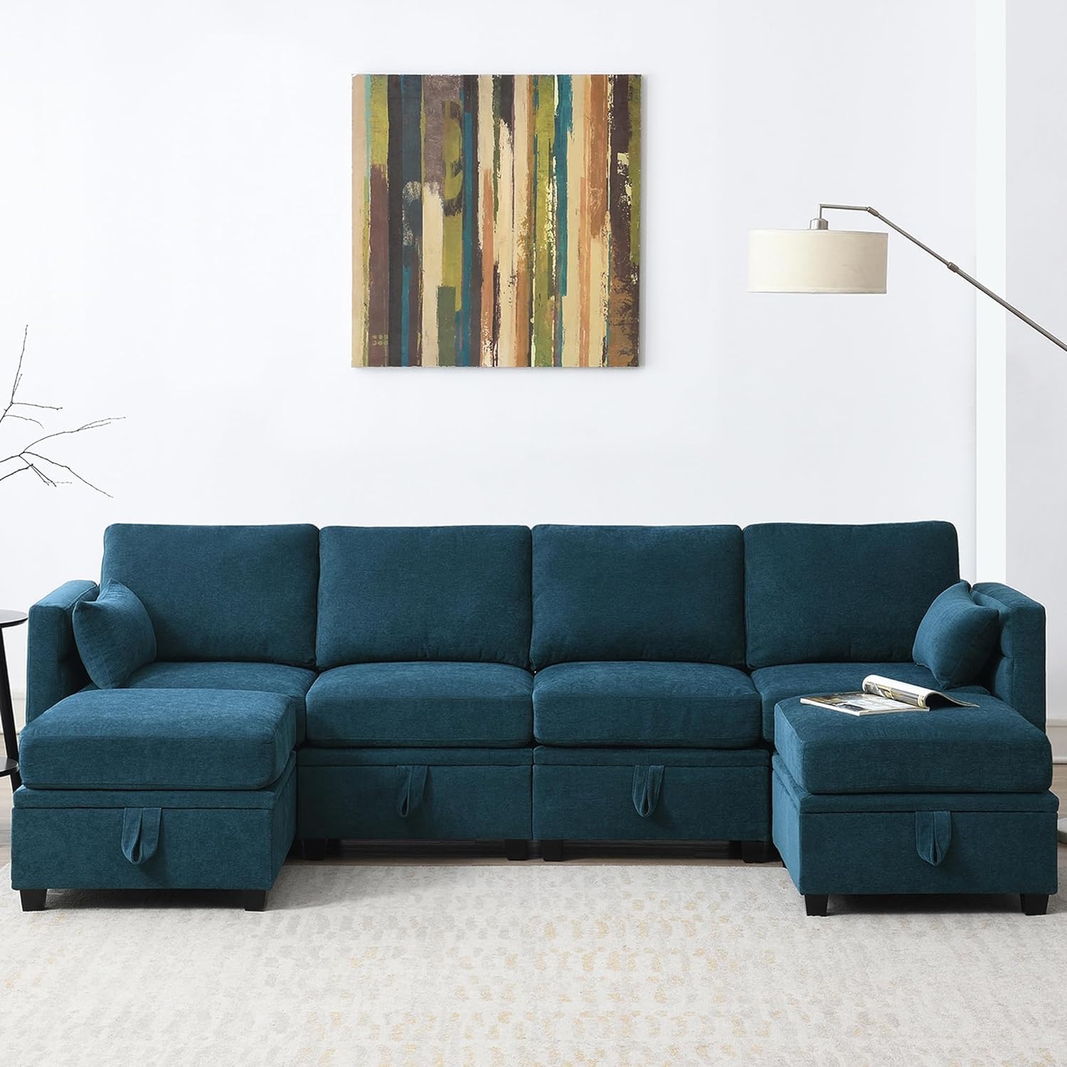 kevinplus 109" Modular Sectional Sofa Couch with Storage for Living Room, Modern U-Shape L-Shape Sofa Couch with Adjustable Armrest & Backrest & Reversible Ottoman, Chenille Fabric, Blue