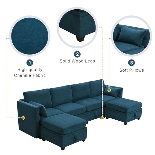Harper & Bright Designs 109”Sectional Sofa, 6-seat Chenille Modern U-Shaped Reversible Sofa Couch Sets with Storage Seats, Adjustable Armrests and Backrests for Living Room, Apartment, Office (Blue)