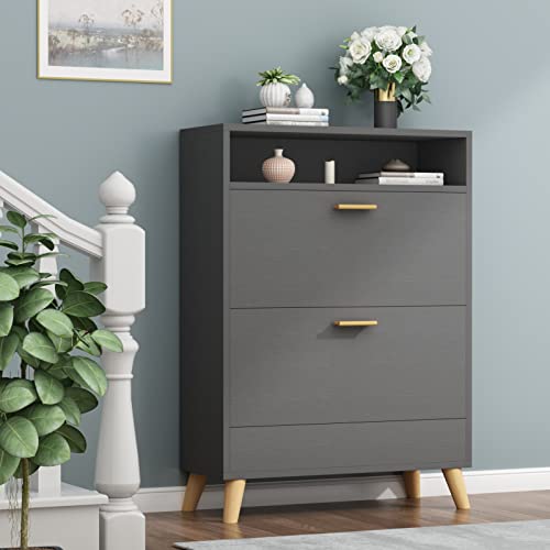 Gyfimoie Shoe Storage Cabinets, Free Standing Shoe Organizer with 2 Flip Drawers for Entryway, Narrow 3 Tier Entryway Hidden Shoe Rack with Doors (Grey)