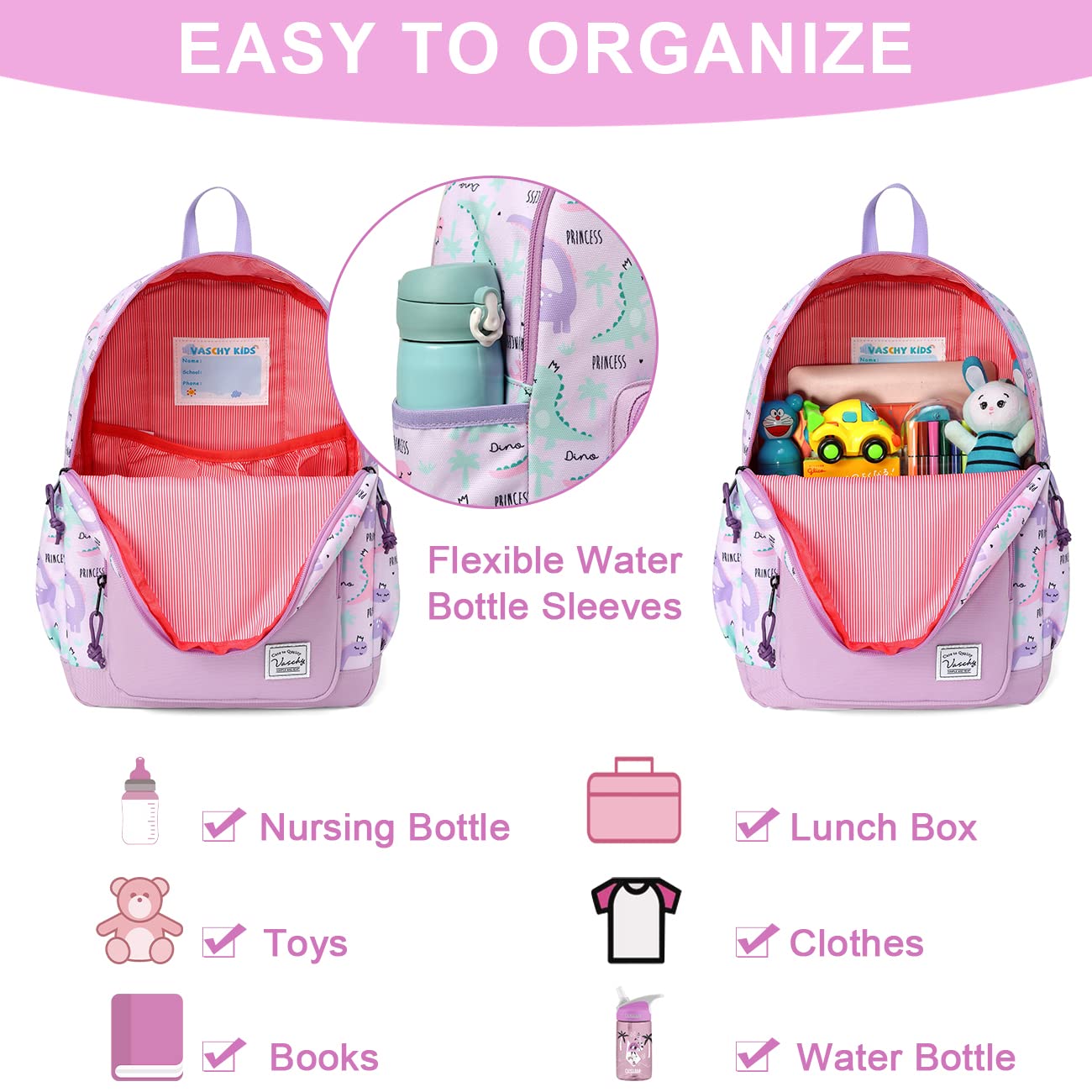 VASCHY Kids backpacks Girls, Cute Lightweight Water Resistant Toddler Kindergarten Preschool Backpack Purple Dinosaurs Purple Dinosaurs