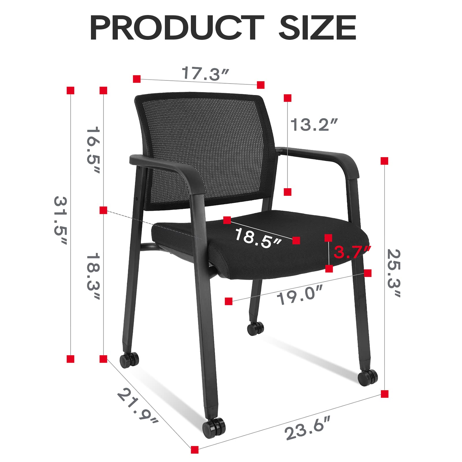 CLATINA Mesh Back Guest Reception Arm Chairs with Wheels, Waiting Room Chairs with Upholstered Fabric Seat and Ergonomic Lumbar Support for Office Conference School Church Black