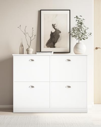 MIRROTOWEL Shoe Cabinet,Hidden Slim Narrow Shoe Rack Cabinet with 4 Drawers for Entryway, Foyer,Hallway,Bedroom,White