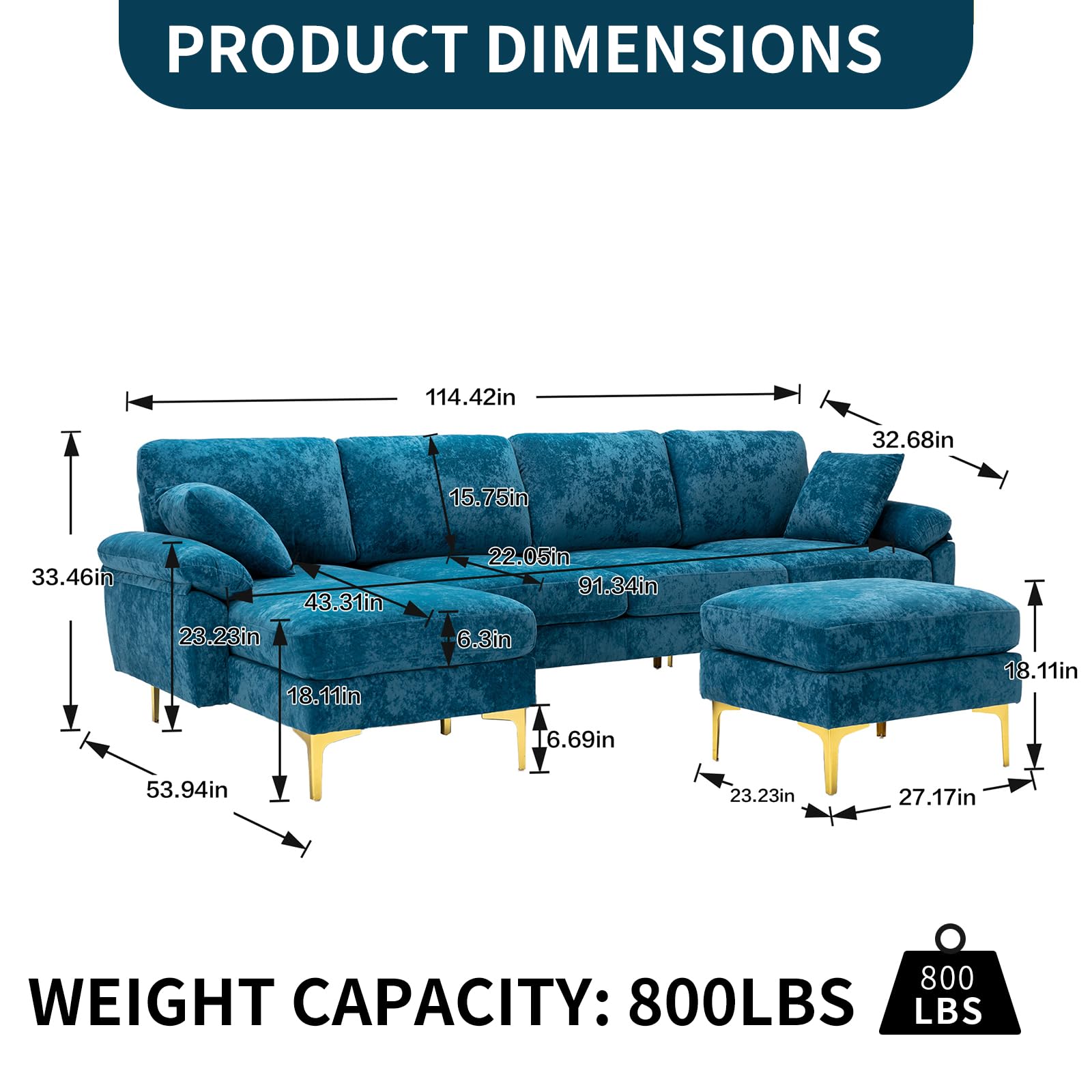 Sudwesto Modular Sectional Sofa, U Shape Chenille Upholstered Sofa Couch with Ottoman, 4 Seat Reversible Couch with Chaise Lounges, Convertible Sofa Set for Living Room (Teal Blue)
