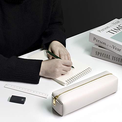 DOBMIT PU Pencil Pen Case Portable Stationery Bag Big Capacity Pencil Pouch Cosmetic Organizer Bag for Student Girl or Boy- Beige