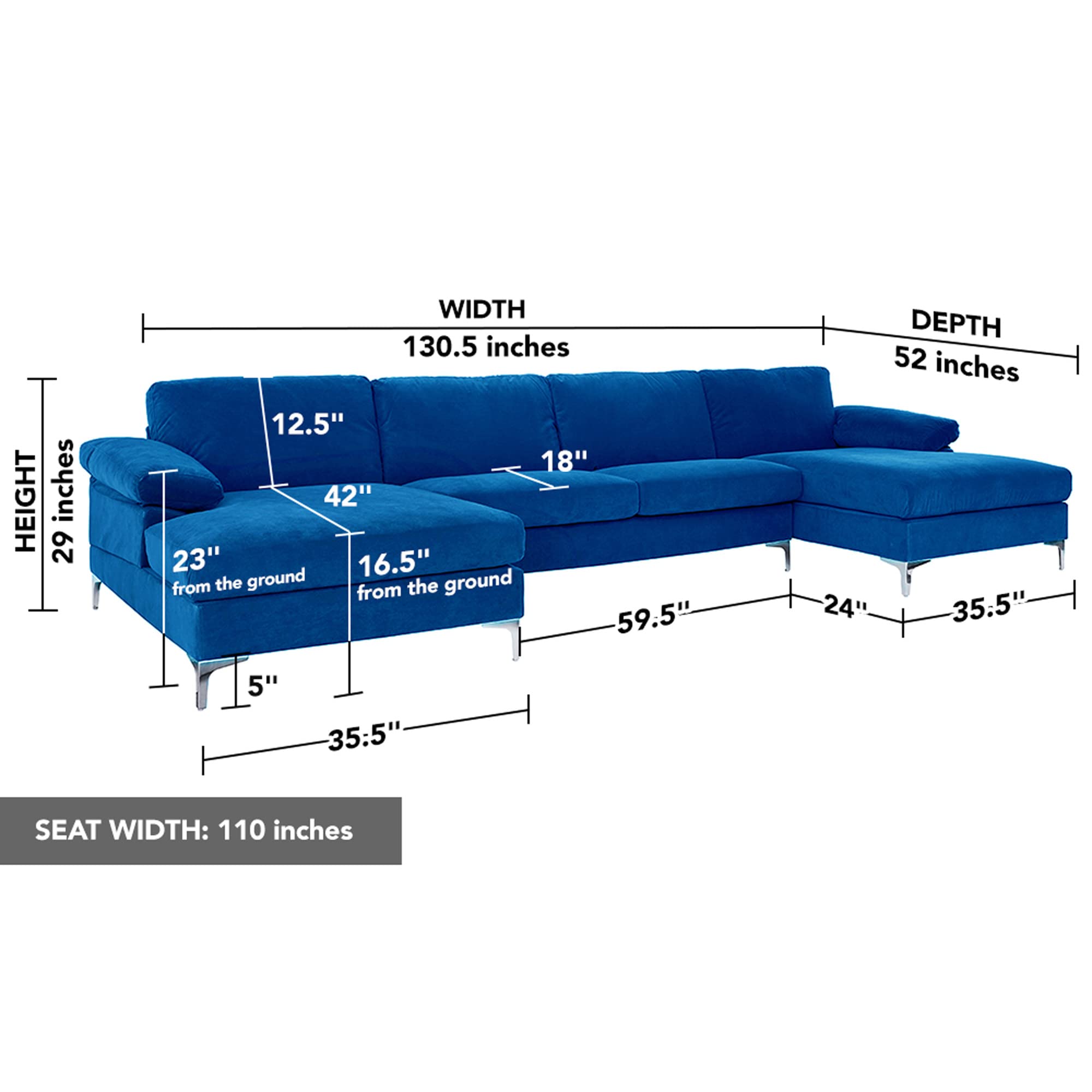 Casa Andrea Milano Modern Large Velvet Fabric U-Shape Sectional Sofa, Double Extra Wide Chaise Lounge Couch