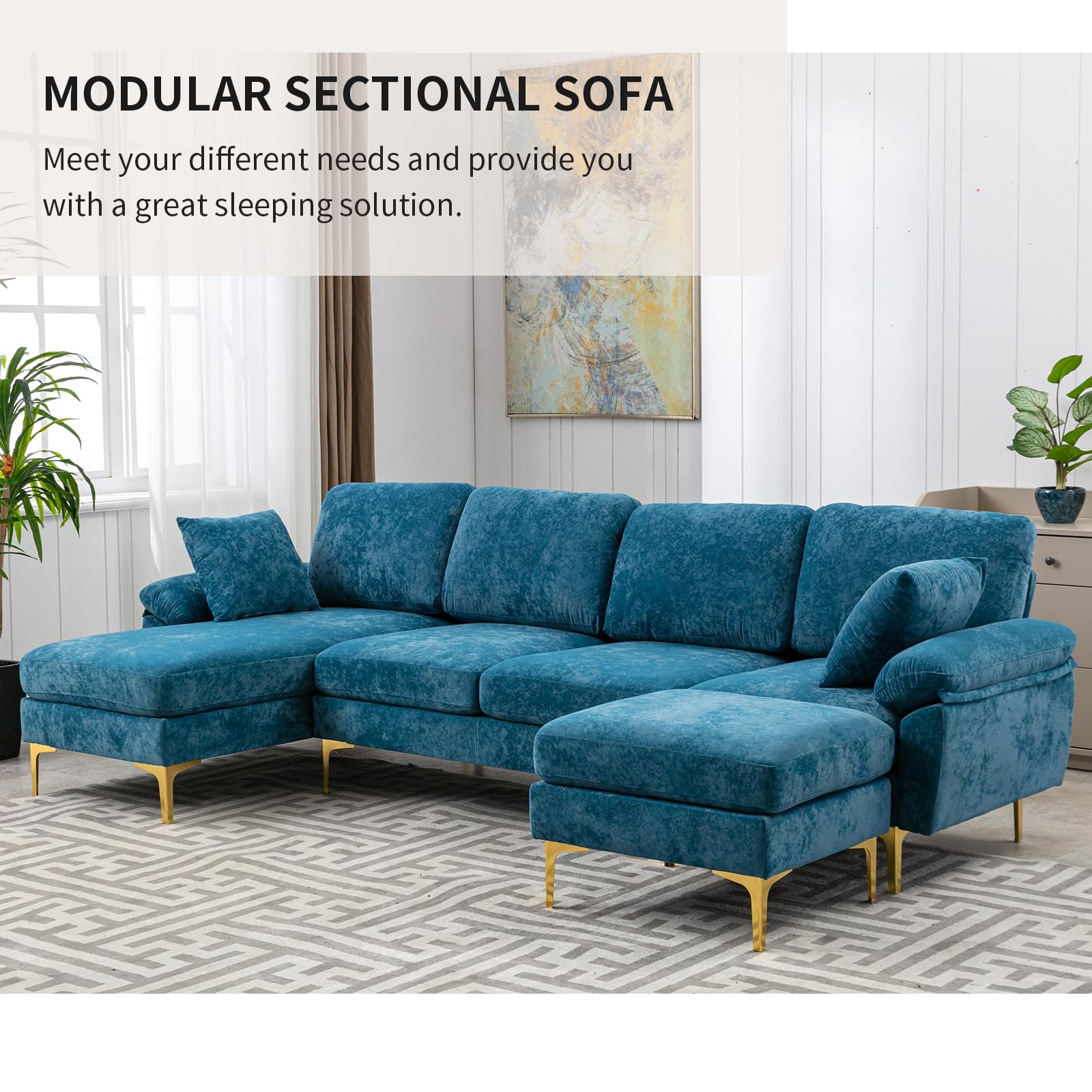 Sudwesto Modular Sectional Sofa, U Shape Chenille Upholstered Sofa Couch with Ottoman, 4 Seat Reversible Couch with Chaise Lounges, Convertible Sofa Set for Living Room (Teal Blue)
