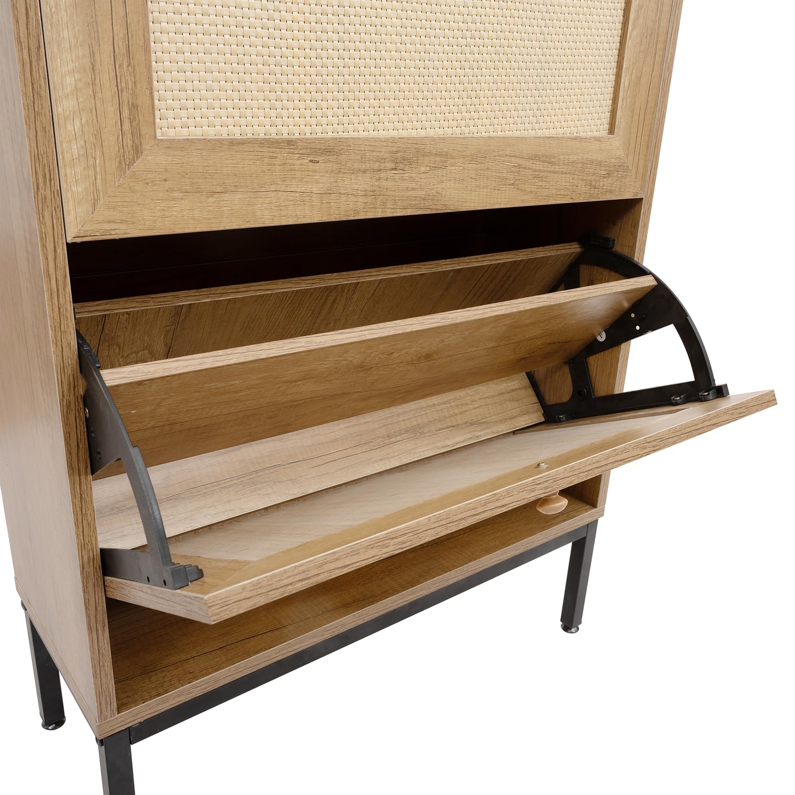 SQLIFE Shoe Storage Cabinet, Rattan Shoe Rack Storage Cabinet with 3 Flip Drawers, Freestanding Shoe Storage Organizer with Metal Legs for Entryway, Hallway, Home