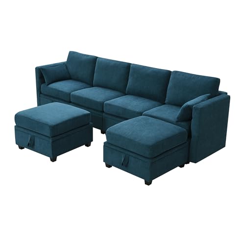Harper & Bright Designs 109”Sectional Sofa, 6-seat Chenille Modern U-Shaped Reversible Sofa Couch Sets with Storage Seats, Adjustable Armrests and Backrests for Living Room, Apartment, Office (Blue)