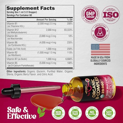 USDA Organic Vitamin B-Complex B5 Pantothenic Acid | B12 Methylcobalamin | B1 Thiamine | B6 Pyridoxine | B7 Biotin | B9 Folic | B3 Niacinamide - B Complex Liquid Drops, Made in USA Supplement, 2fl oz