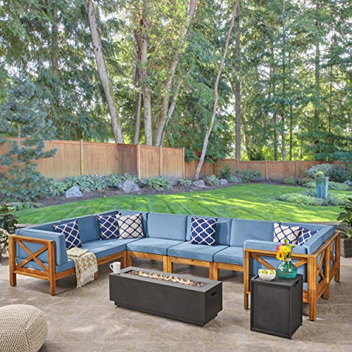 Great Deal Furniture GDFStudio Outdoor Farmhouse Acacia Wood 8 Seater U-Shaped Sectional Sofa Set with Fire Pit, Teak, Blue, and Dark Gray