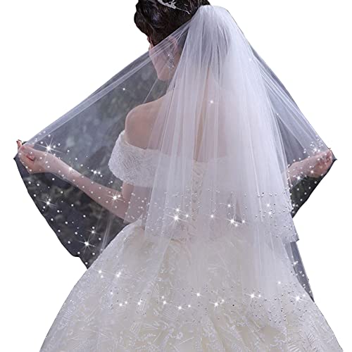 AMAJIERUIZE Women's Short 2 Tier Pearls Wedding Bridal Veil With Metal Comb (Ivory)