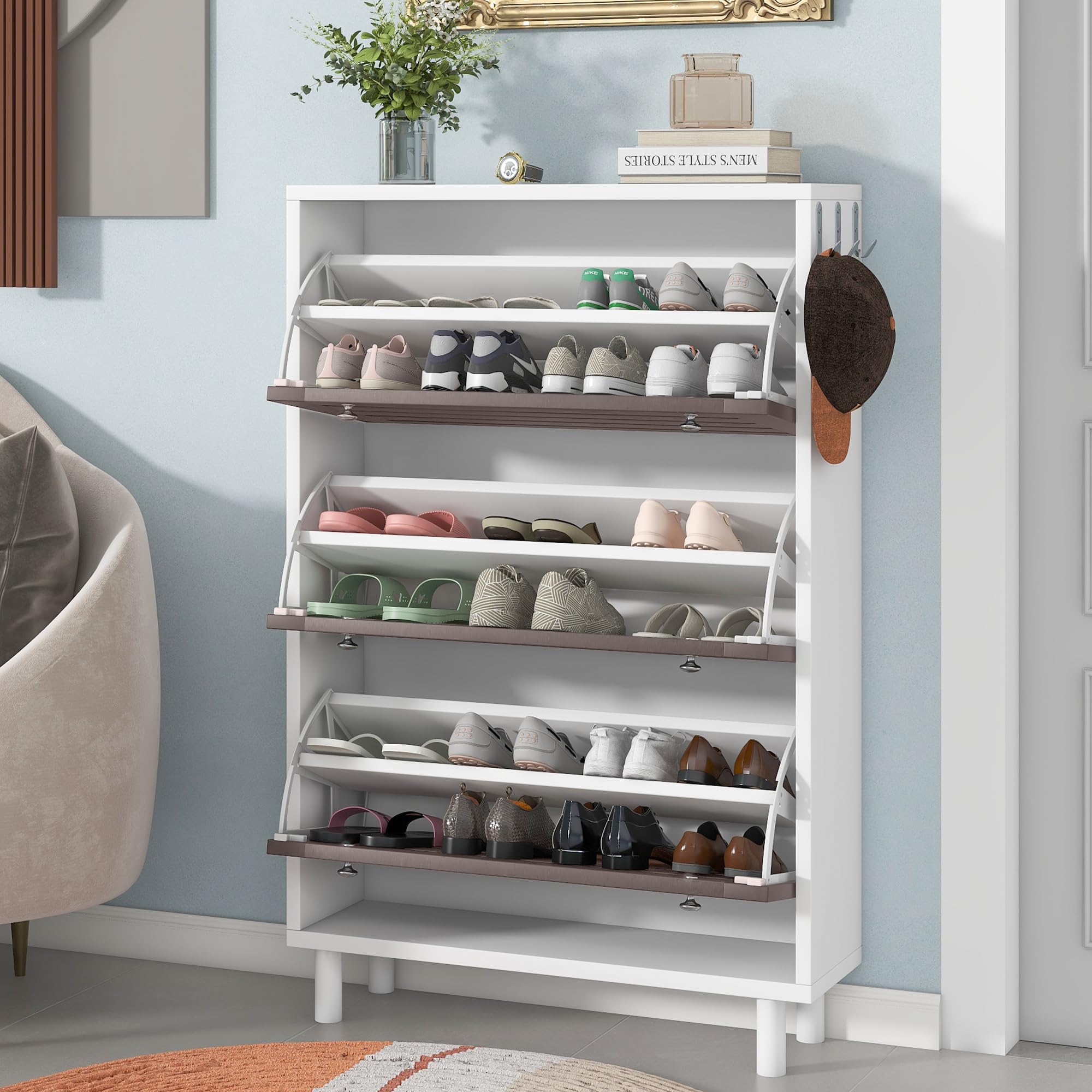 Cozybedin Minimalist Slim Shoe Cabinet with Hanging Hooks, Slits Design Panels Entryway Organizer with 3 Flip Drawers, Free Standing Shoe Rack with Adjustable Panel for Hallway, White