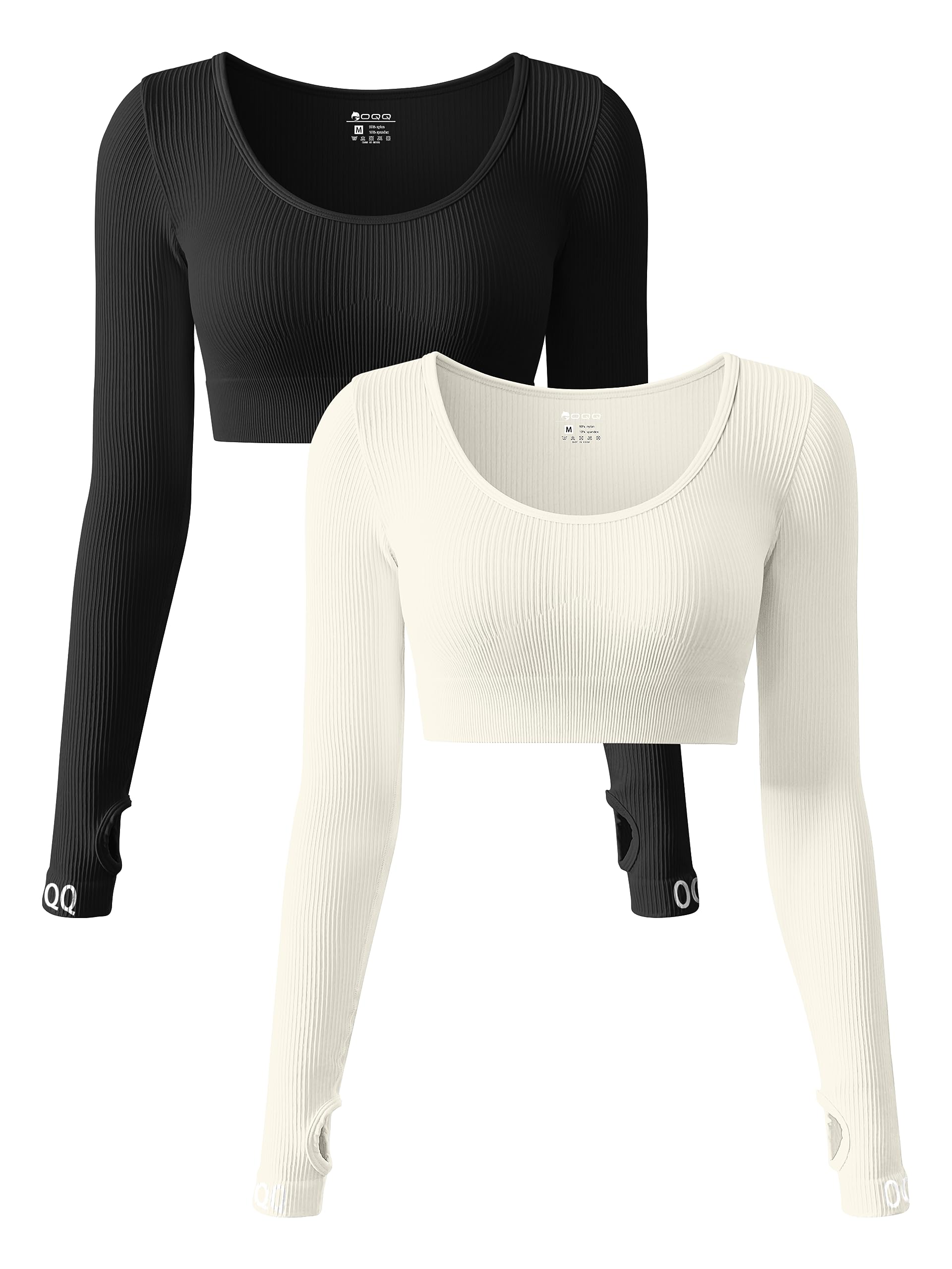 OQQ Women's 2 Piece Crop Top Workout Long Sleeve Yoga Exercise, Black,beige, Medium