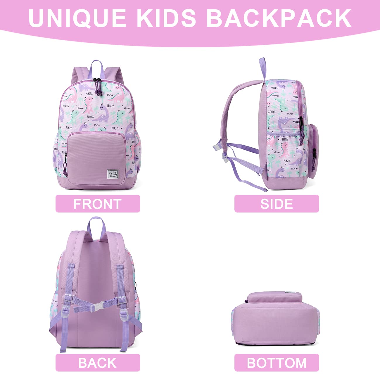 VASCHY Kids backpacks Girls, Cute Lightweight Water Resistant Toddler Kindergarten Preschool Backpack Purple Dinosaurs Purple Dinosaurs
