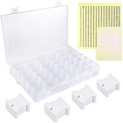 Caydo 36 Grids Plastic Embroidery Floss Cross Stitch Organizer Box with 124 Hard Plastic Floss Bobbins, 552 Floss Number Stickers and 165Blank Stickers(Full Set)