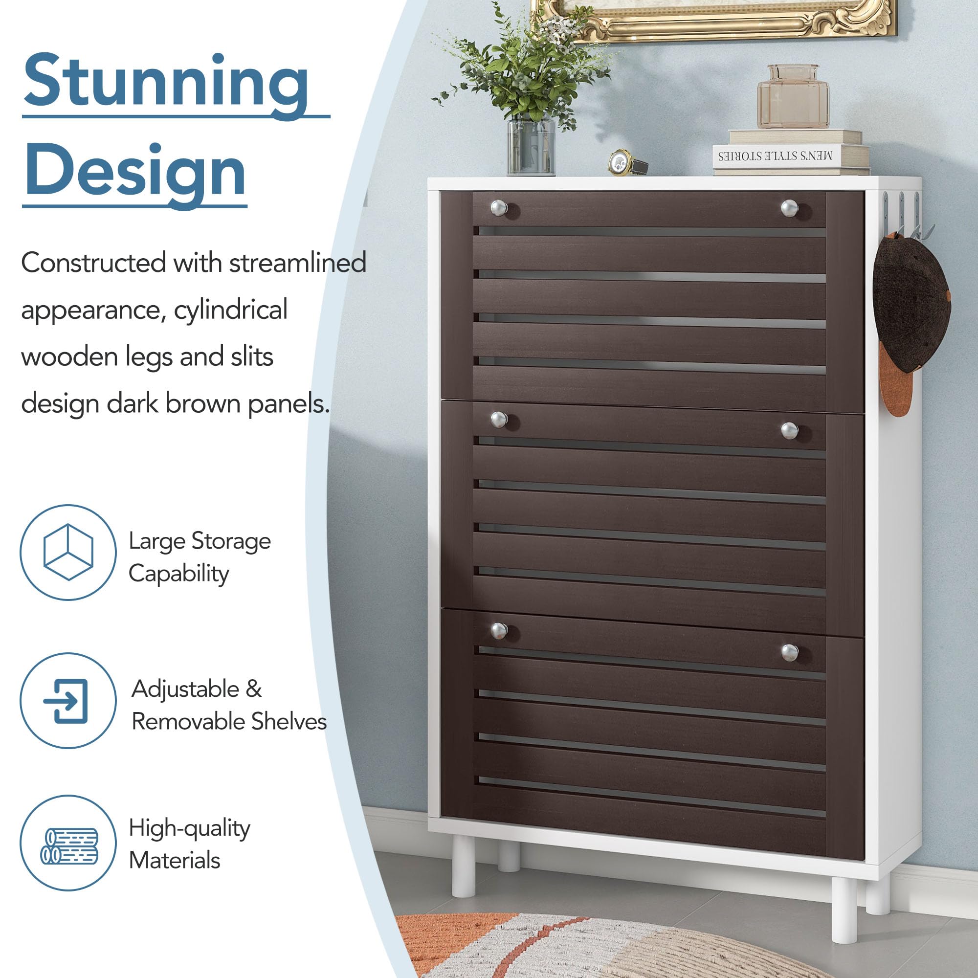 Cozybedin Minimalist Slim Shoe Cabinet with Hanging Hooks, Slits Design Panels Entryway Organizer with 3 Flip Drawers, Free Standing Shoe Rack with Adjustable Panel for Hallway, White