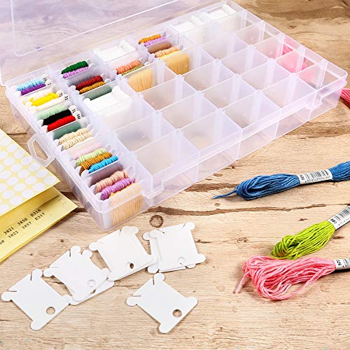 Caydo 36 Grids Plastic Embroidery Floss Cross Stitch Organizer Box with 124 Hard Plastic Floss Bobbins, 552 Floss Number Stickers and 165Blank Stickers(Full Set)
