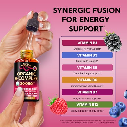 USDA Organic Vitamin B-Complex B5 Pantothenic Acid | B12 Methylcobalamin | B1 Thiamine | B6 Pyridoxine | B7 Biotin | B9 Folic | B3 Niacinamide - B Complex Liquid Drops, Made in USA Supplement, 2fl oz