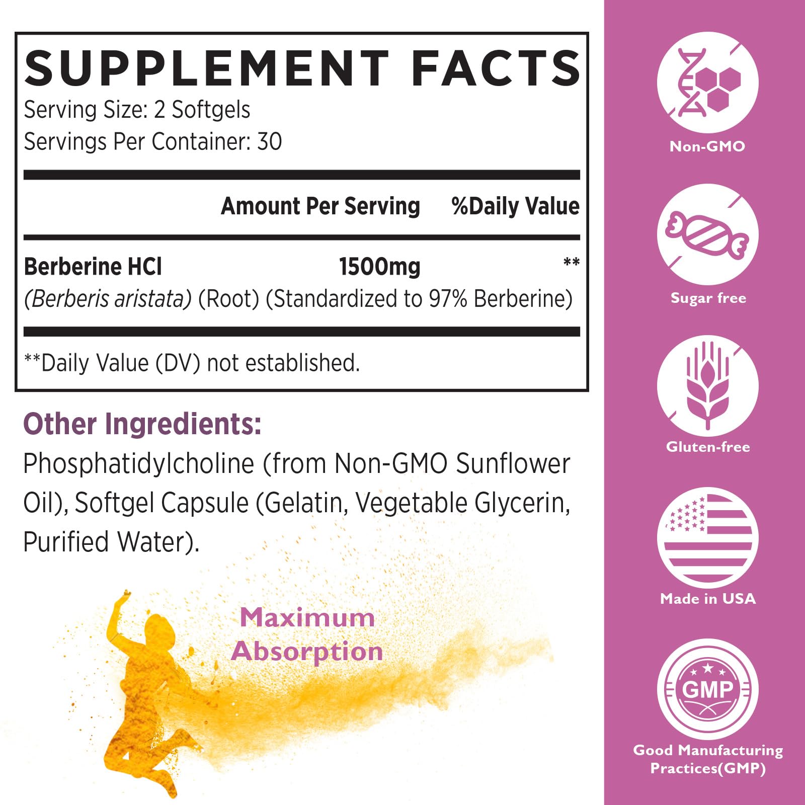 Berberine HCL Supplement 1500mg - High Bioavailability Liposomal Berberine Capsules for Women and Men, AMPK Activator