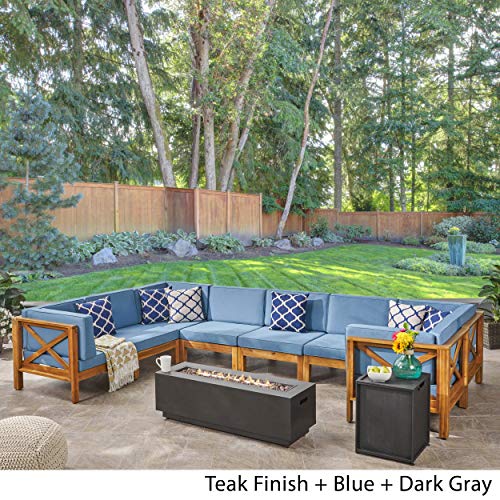Great Deal Furniture GDFStudio Outdoor Farmhouse Acacia Wood 8 Seater U-Shaped Sectional Sofa Set with Fire Pit, Teak, Blue, and Dark Gray