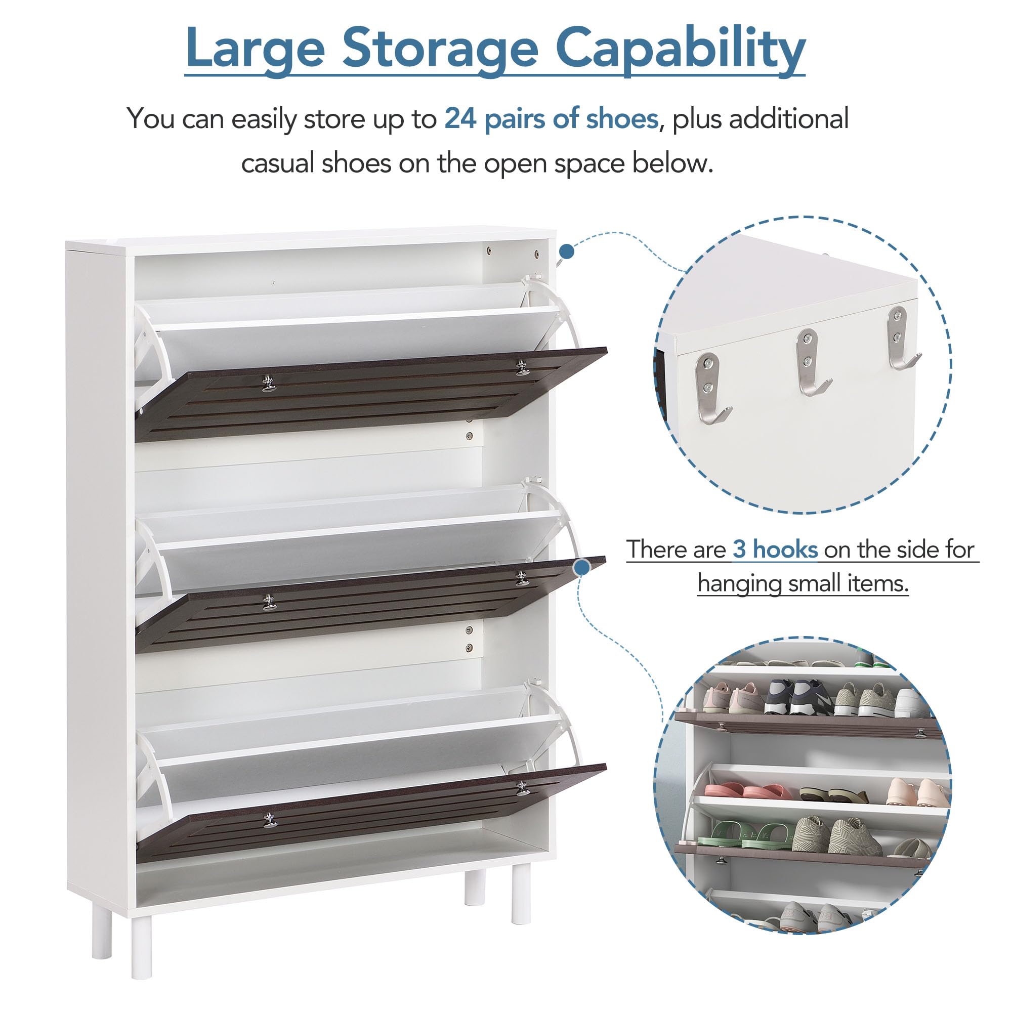 Cozybedin Minimalist Slim Shoe Cabinet with Hanging Hooks, Slits Design Panels Entryway Organizer with 3 Flip Drawers, Free Standing Shoe Rack with Adjustable Panel for Hallway, White