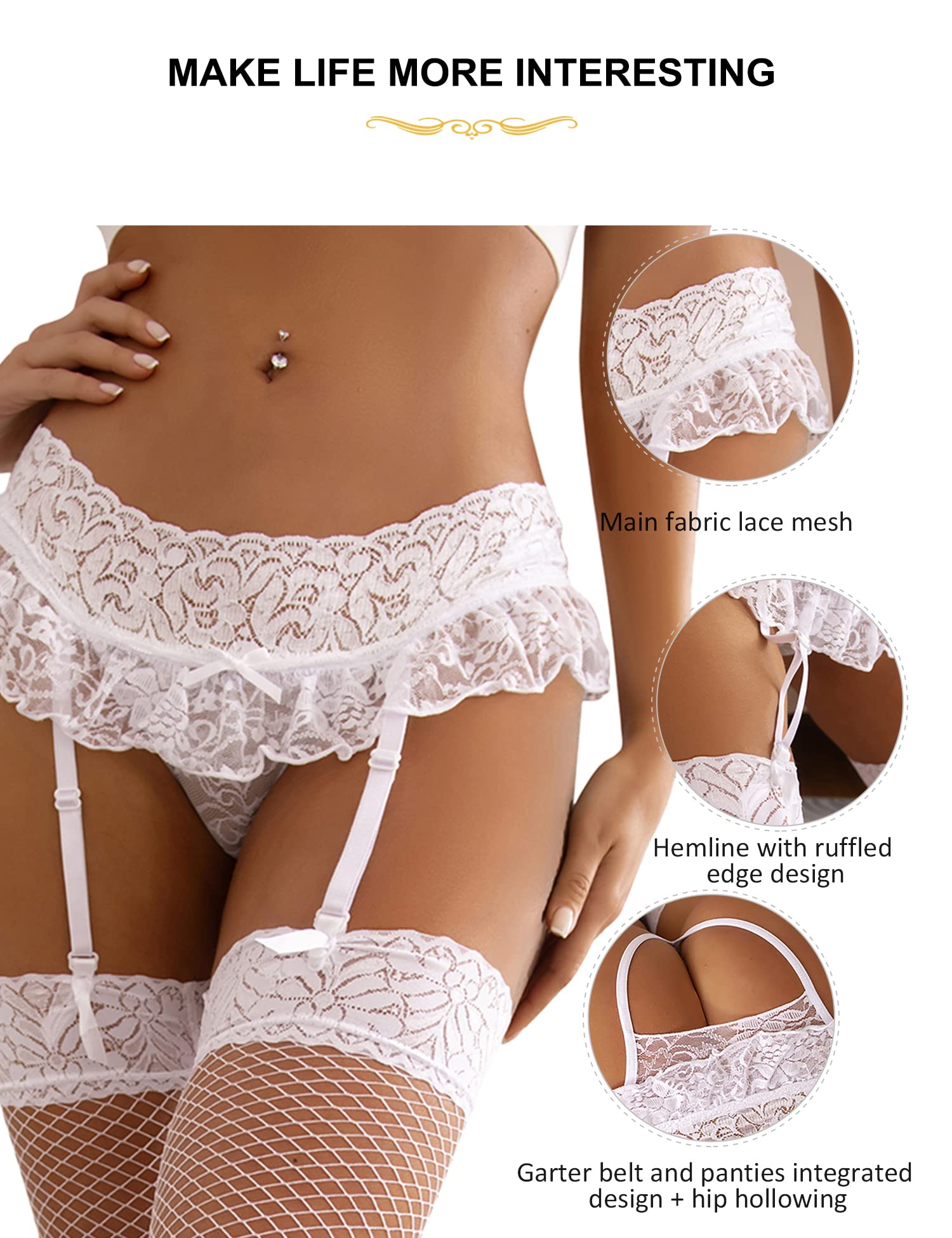ohyeahgirl Women Lace Garter Belt Mesh Suspender Belts with 4 Adjustable Straps for Thigh High Stockings, Style3:white, X-Large,Medium-Large