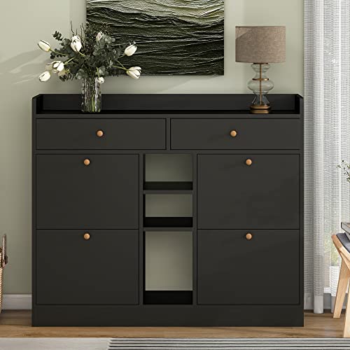GIYZOKNI Modern Shoe Cabinet with 4 Flip Drawers, Multifunctional 2-Tier Shoe Storage Organizer with Drawers, Free Standing Shoe Rack for Entrance Hallway (Black)