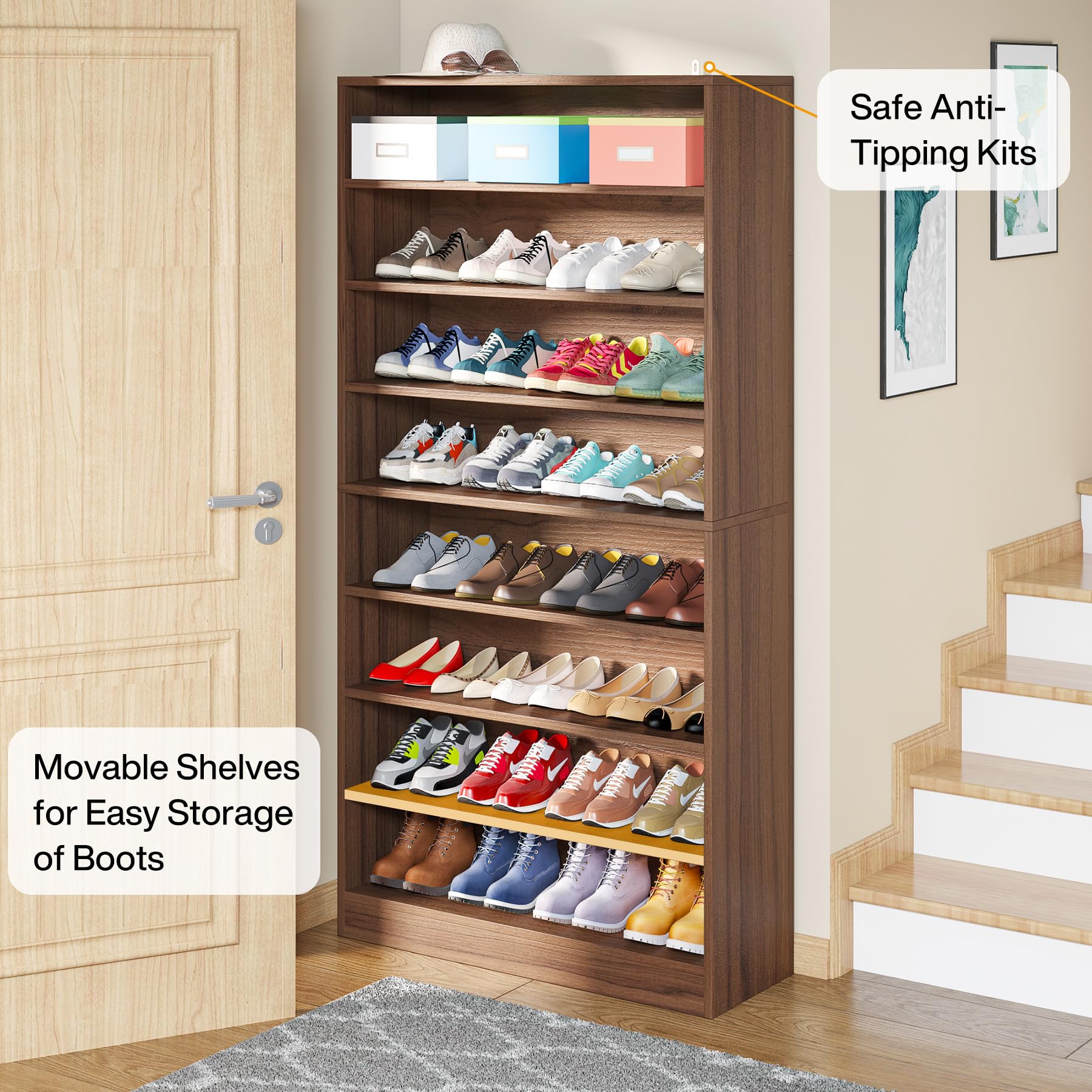 Tribesigns 2PCS Shoe Cabinet, 9 Tiers 40-45 Pairs Heavy Duty Wood Freestanding Shoe Storage Cabinet, 70.8'' Tall Shoe Cabinet with Open Storage for Entryway (Brown)