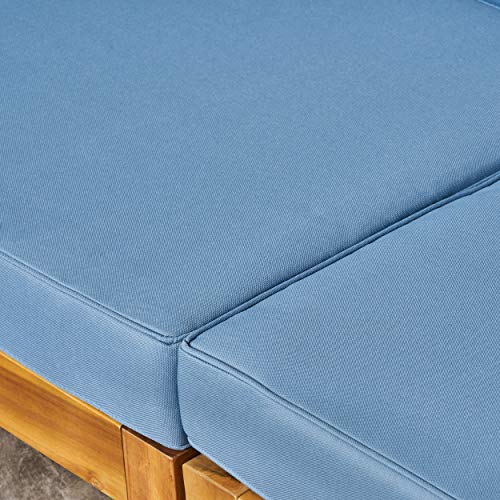 Great Deal Furniture GDFStudio Outdoor Farmhouse Acacia Wood 8 Seater U-Shaped Sectional Sofa Set with Fire Pit, Teak, Blue, and Dark Gray