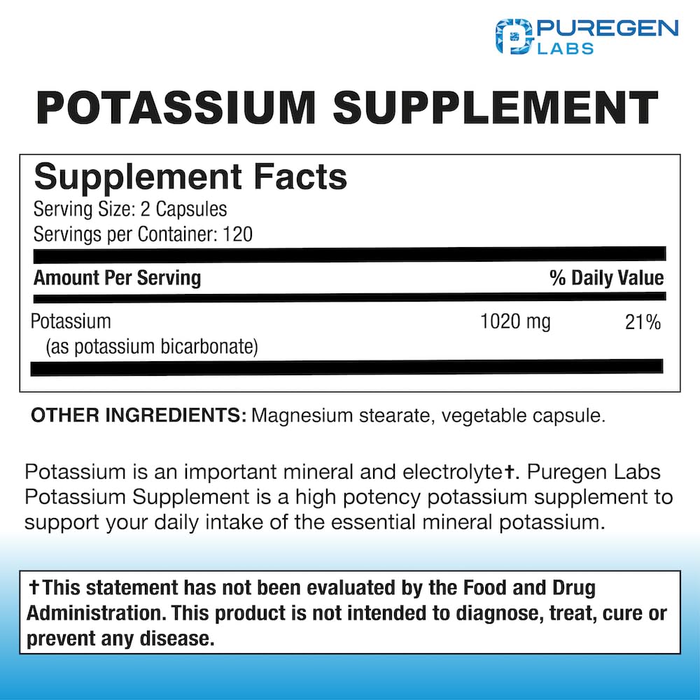 Puregen Labs Potassium Bicarbonate Supplement 1020 mg | Non-GMO | Gluten Free | Made in USA | 240 Vegetarian Capsules