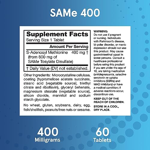Jarrow Formulas SAMe 400 mg, Supports Joint Health, Liver Function, Brain Metabolism, 60 Tablets, Up To a 60 Day Supply