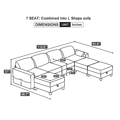 Kxrtuw 7 Seat Modular Sectional Sofa, Convertible Sleeper Sofa Bed with Storage Seat,L-Shape U-Shape Corduroy Velvet Couch for Living Room(Dark Blue)