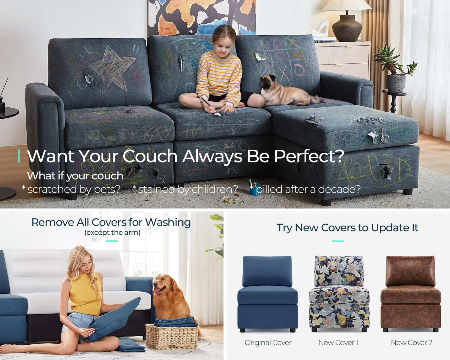 LINSY HOME Modular Sectional Sofa, U Shape Oversized Sofa Couch with Storage, Memory Foam, Modular Sectionals with Ottomans, 7 Seat Living Room Furniture Sofa Sets with Chaise, Blue
