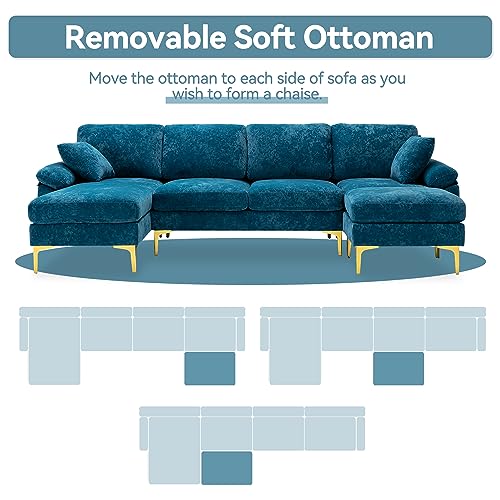 Olela Sectional Couch Velvet Upholstered U Shaped Modular Sectional Sofa with Golden Metal Legs for Living Room (Teal Blue)
