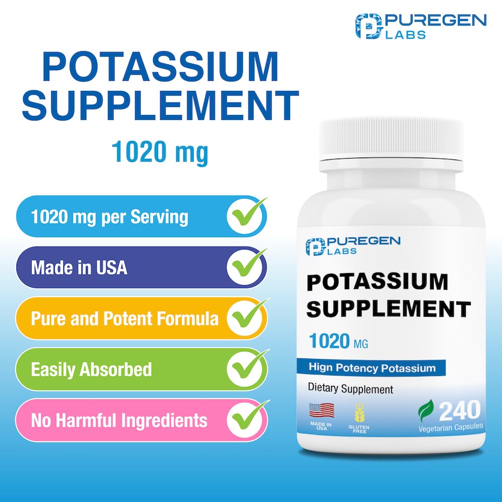 Puregen Labs Potassium Bicarbonate Supplement 1020 mg | Non-GMO | Gluten Free | Made in USA | 240 Vegetarian Capsules